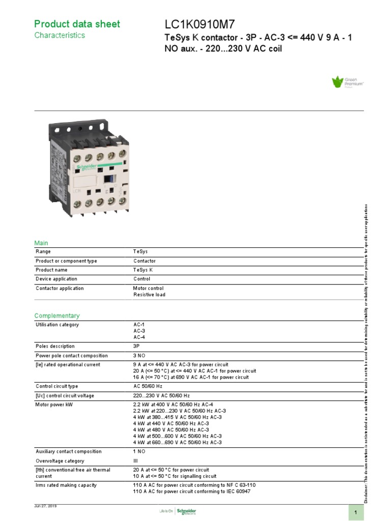 Magnetic Contactor LC1K0910M7 | PDF | Alternating Current | Electronics