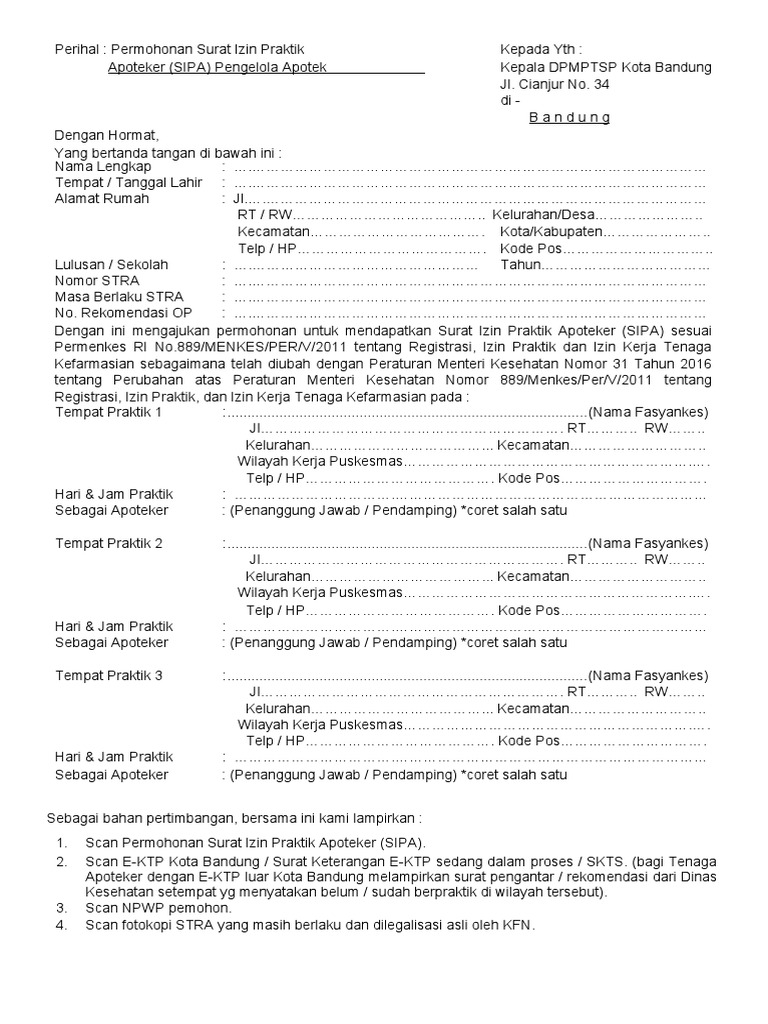 Formulir SIP Apoteker Pengelola Apotek | PDF