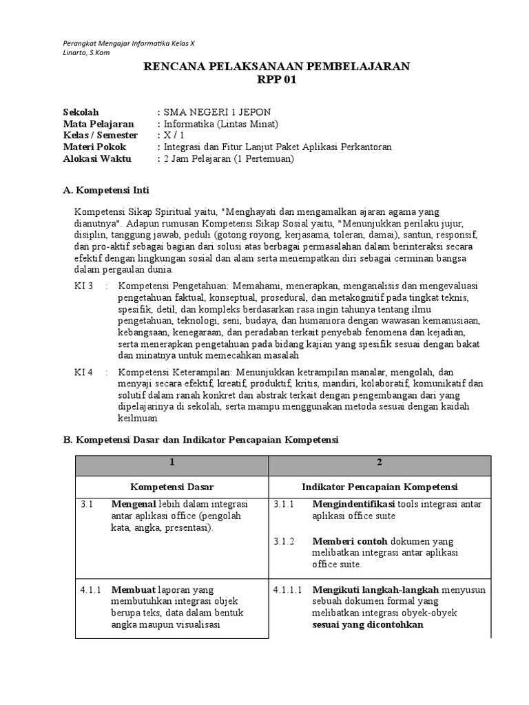 RPP-01 Informatika Kelas X | PDF | Komputer