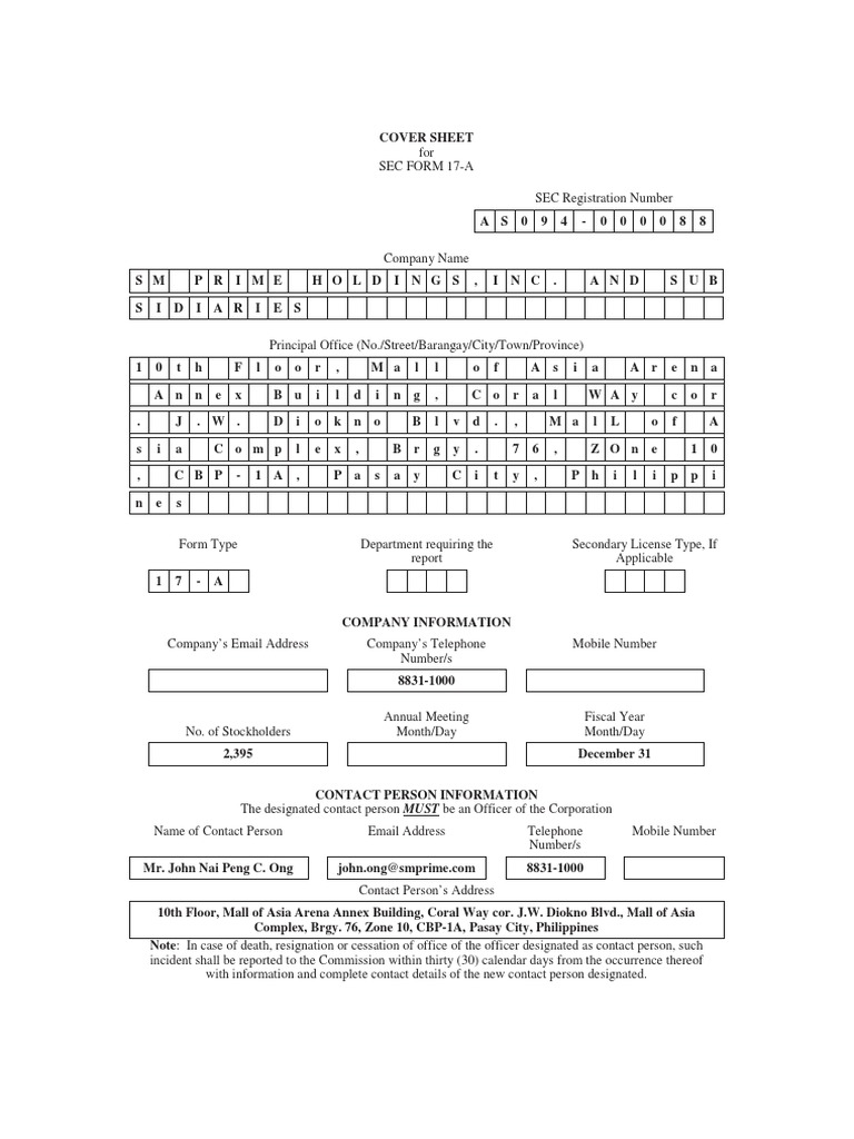 SM Prime Holdings, Inc. - Sec Form 17-A-2020 | PDF | Risk Management ...