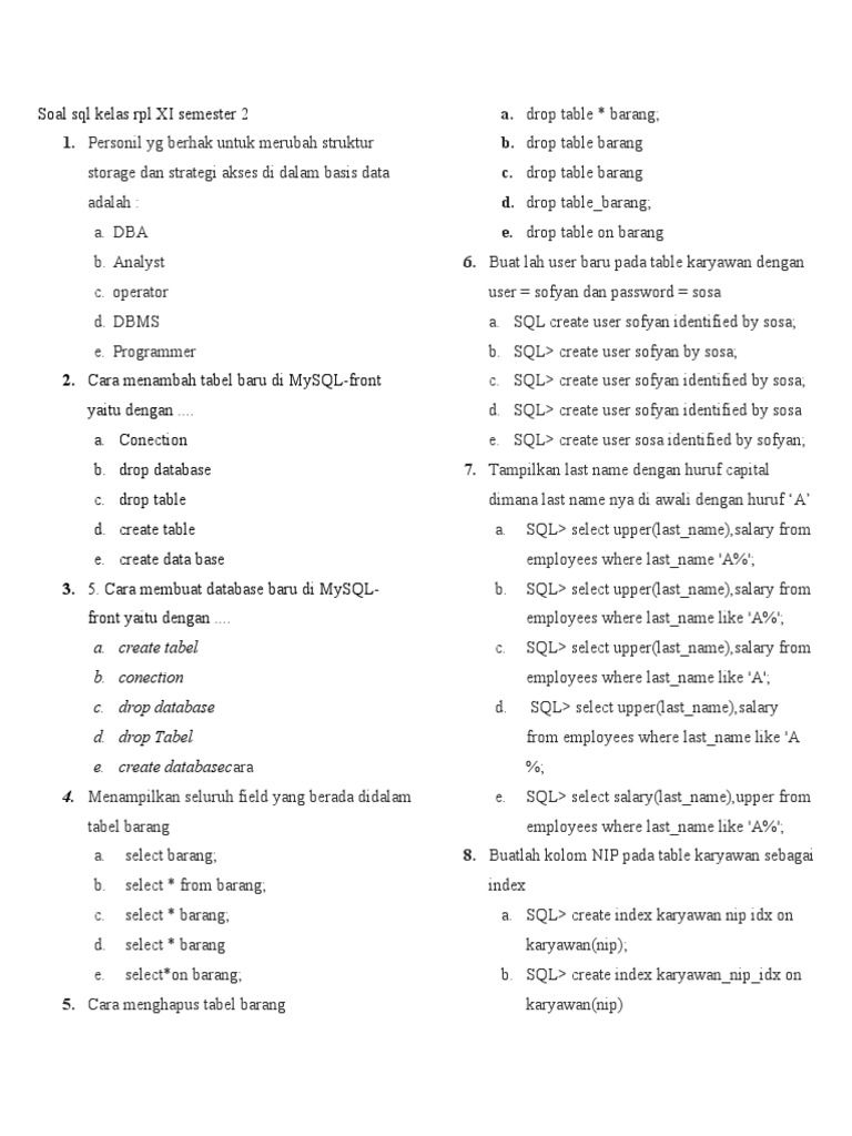 Soal SQL Kelas RPL XI Semester 1 2021 | PDF