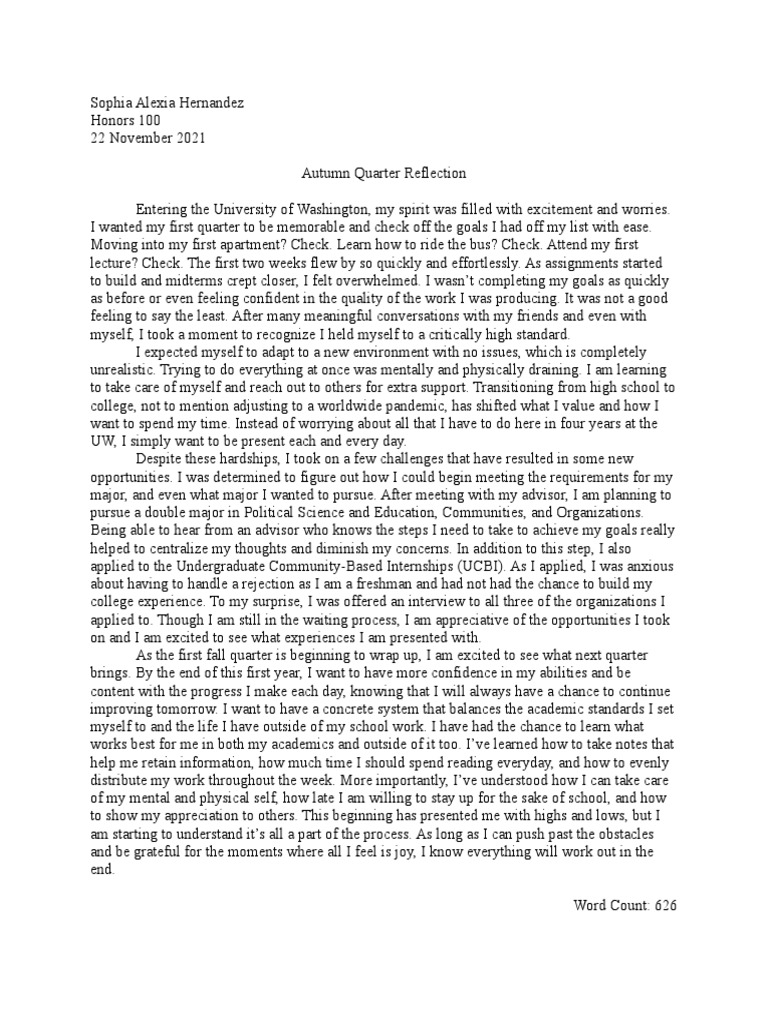 Honors 100 - End of Quarter Reflection | PDF | Cognition | Human Nature