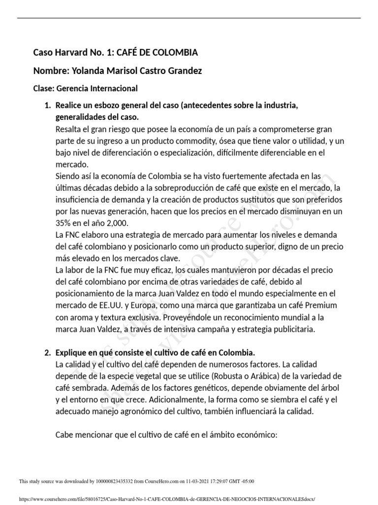 Caso Harvard No 1 CAFE COLOMBIA de GERENCIA DE NEGOCIOS INTERNACIONALES ...