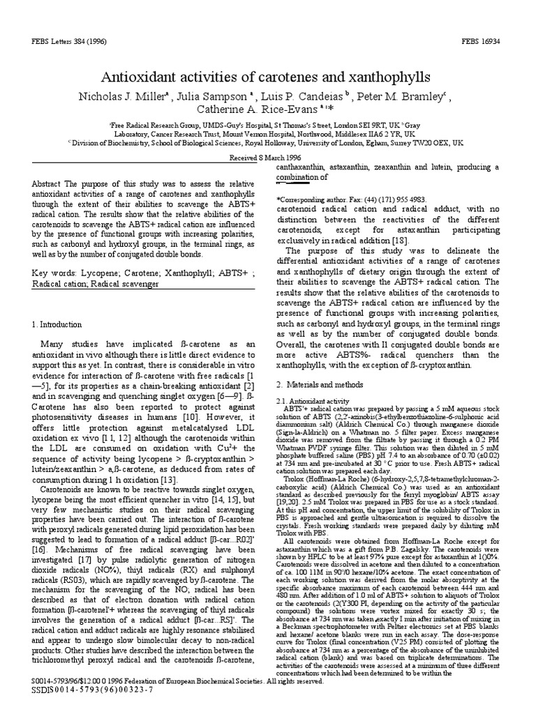 Antioxidant Activities of Carotenes and Xanthophylls | PDF | Carotenoid ...