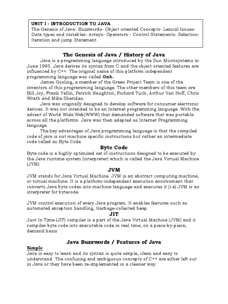 The Genesis of Java / History of Java: Unit I - Introduction To Java | PDF | Control Flow | Java ...