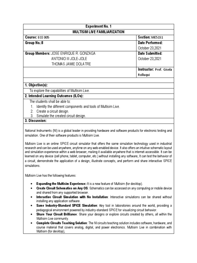Experiment No. 1 Multisim Live Familiarization Course: Section: Group No.:8 Date Performed ...