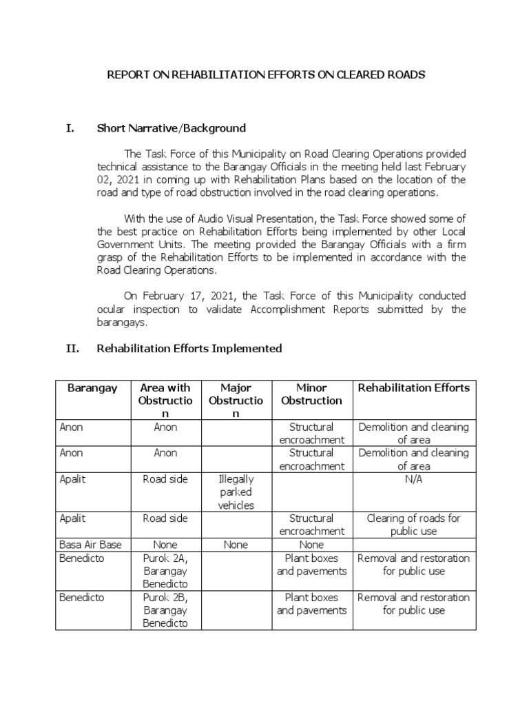 Report On Rehabilitation Efforts On Cleared Roads | PDF | Road | Transport