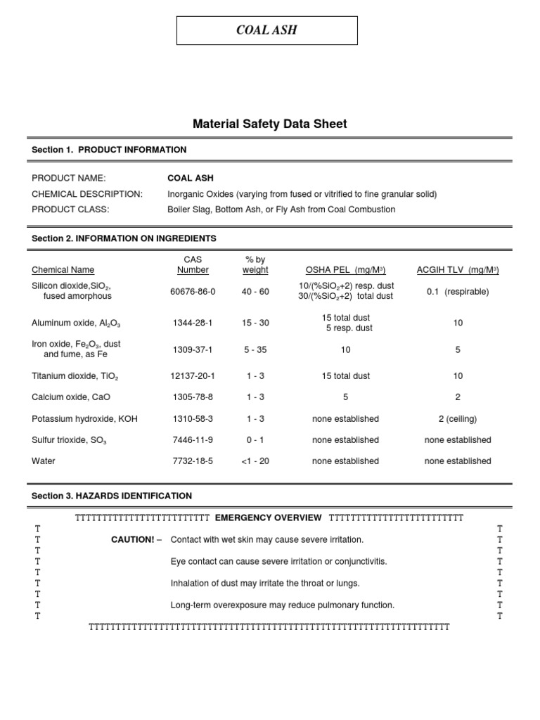 Material Safety Data Sheet: Coal Ash | PDF | Hazardous Waste | Firefighting