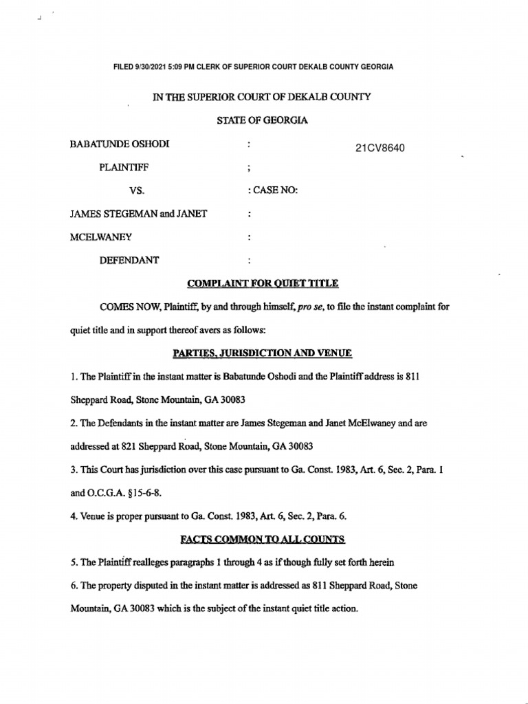 Georgia Quiet Title Complaint Filing | PDF | Lawsuit | Declaratory Judgment