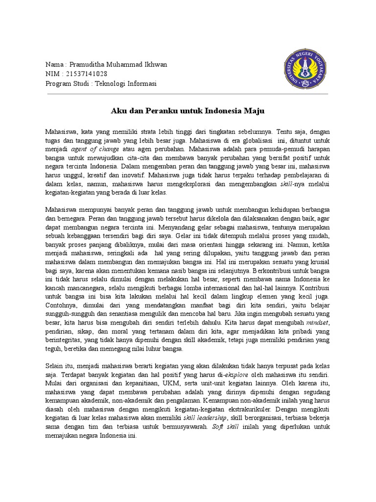 Essay - Aku Dan Peranku Untuk Indonesia Maju - Pramuditha Muhammad ...