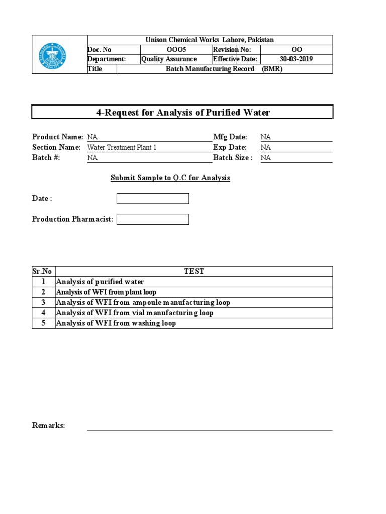 Request For Analysis of Purified Water | PDF
