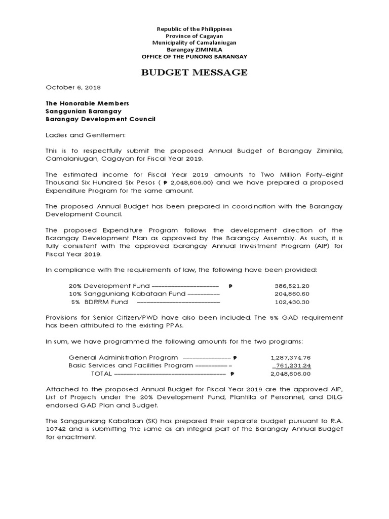 Budget Message: Barangay ZIMINILA Office of The Punong Barangay | PDF