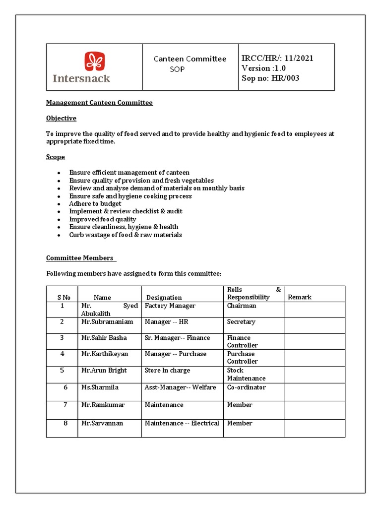 Canteen Committee SOP IRCC/HR/: 11/2021 Sop No: HR/003 | PDF | Economies