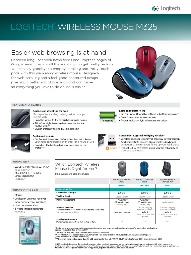 Logitech Wireless Mouse M325 BROCHURE | PDF | Microsoft Windows | Macintosh