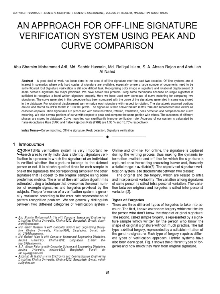 An Approach For Off Line Signature Verification System Using Peak And Curve Comparison Pdf