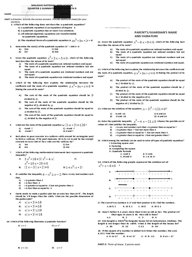 Summative Test Quarter 1 | PDF | Quadratic Equation | Equations