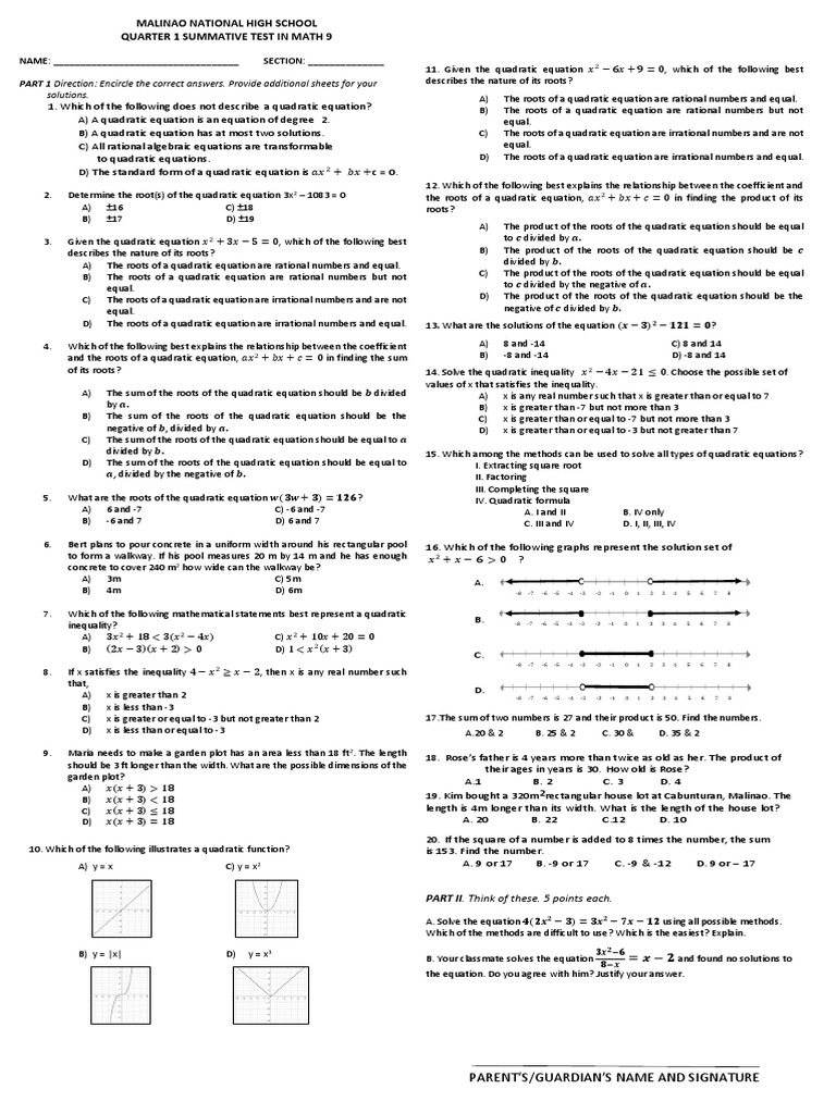 Summative Test Quarter 1 | PDF | Quadratic Equation | Equations