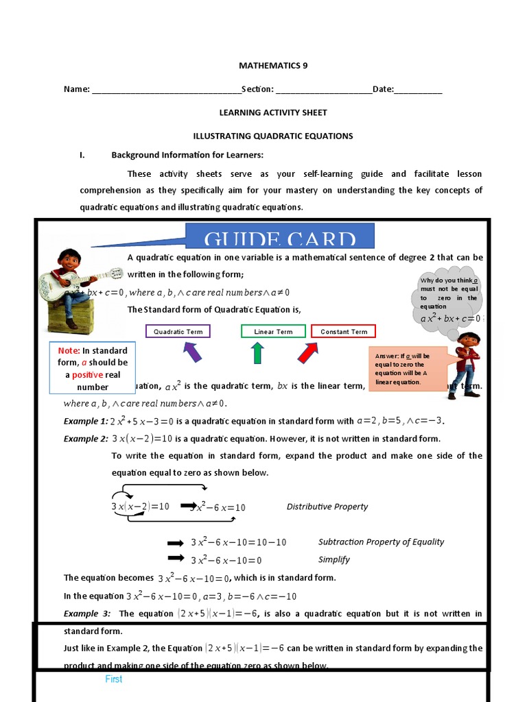 Guide Card: Ax BX+C 0, Where A, B, C Are Real Numbers A 0 Ax BX+C 0 ...