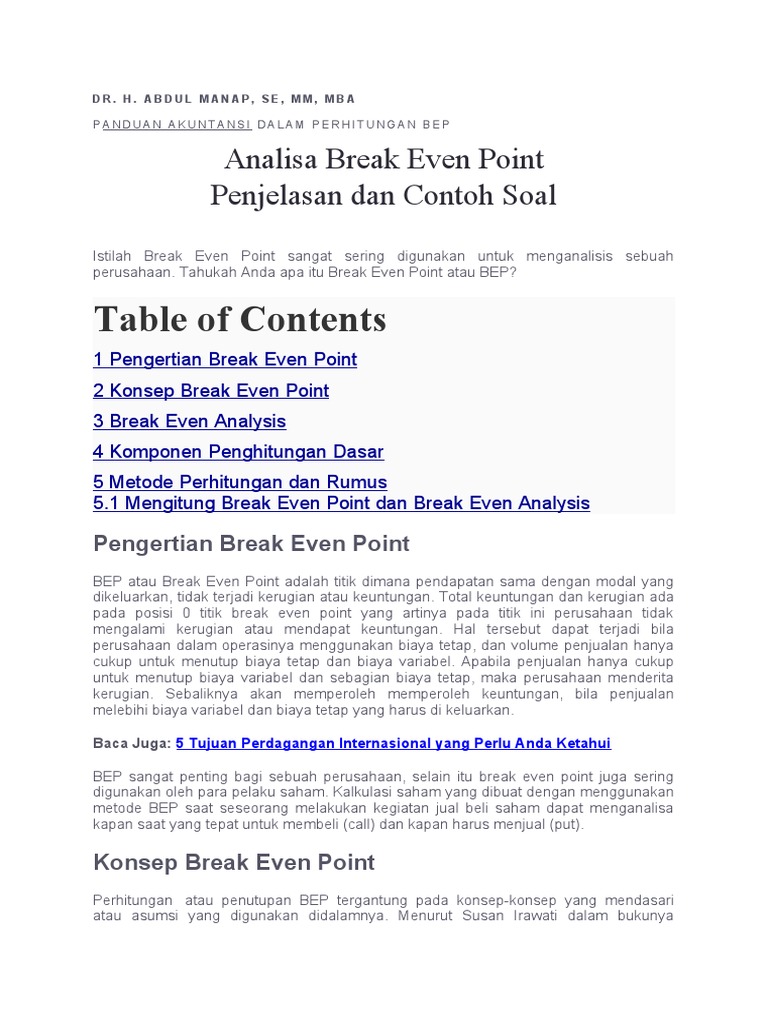 Analisis Break Even Point Soal Latihan SKB | PDF