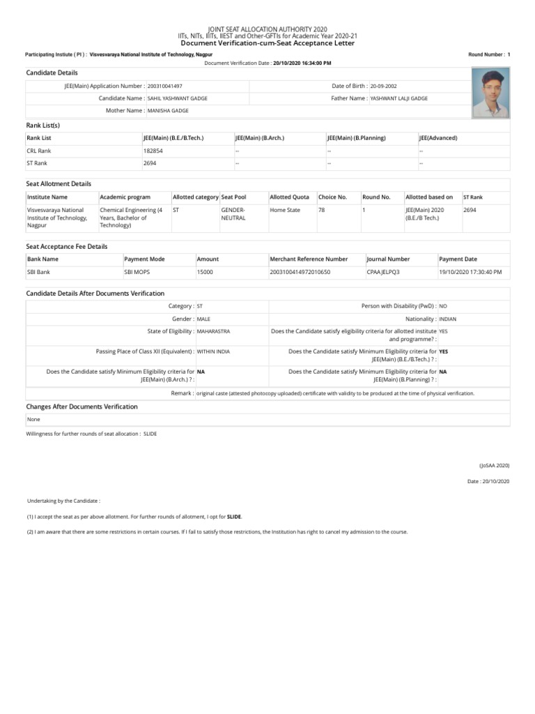 Document Verification-cum-Seat Acceptance Letter: Candidate Details | PDF