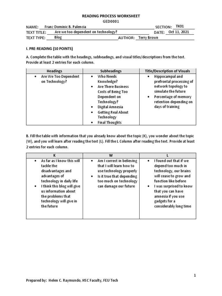 Reading Process Worksheet Palencia | PDF | Writers | Memory