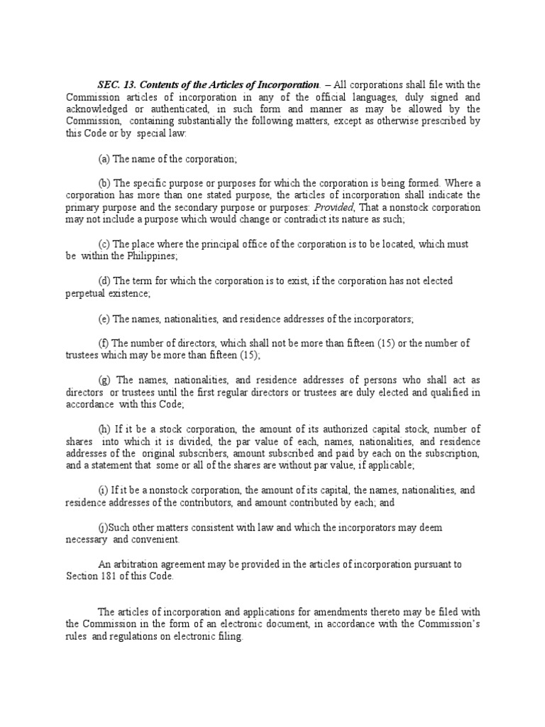 SEC. 13. Contents of The Articles of Incorporation. - All Corporations ...