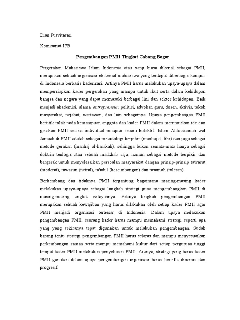 Essay Pengembangan PMII Pada Tingkat Cabang Bogor | PDF
