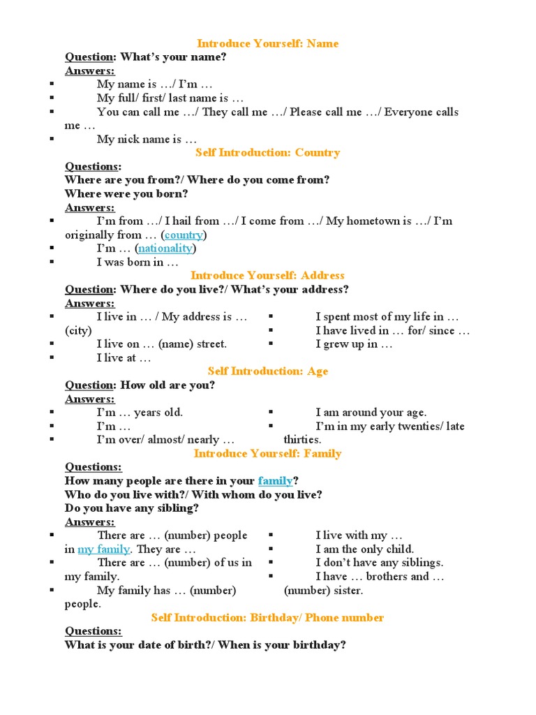 Introduce Yourself: Name: Country Nationality | PDF | Wife