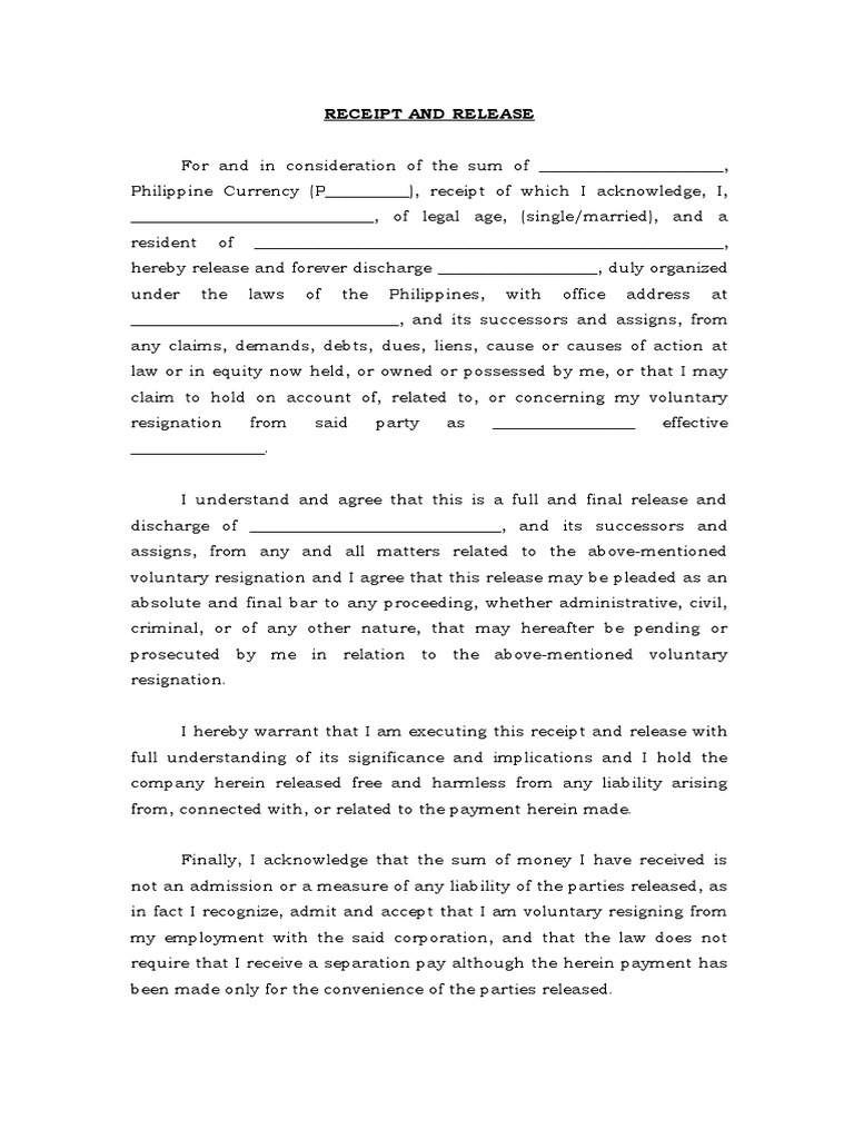 Receipt and Release | PDF | Common Law | Civil Law (Common Law)