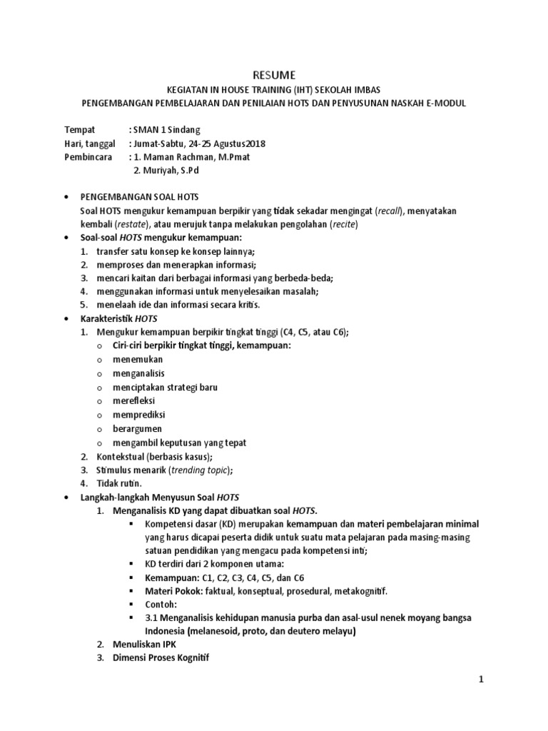 Resume: Kemampuan: C1, C2, C3, C4, C5, Dan C6 Materi Pokok: Faktual ...