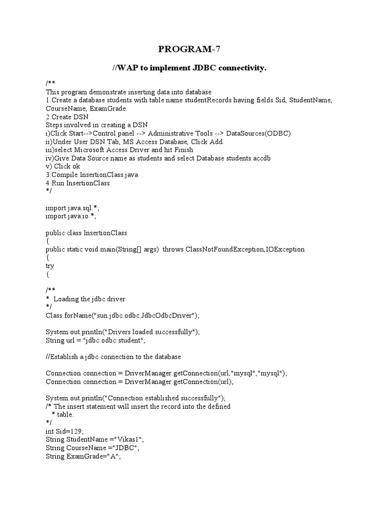 Program-7: //WAP To Implement JDBC Connectivity | Download Free PDF ...
