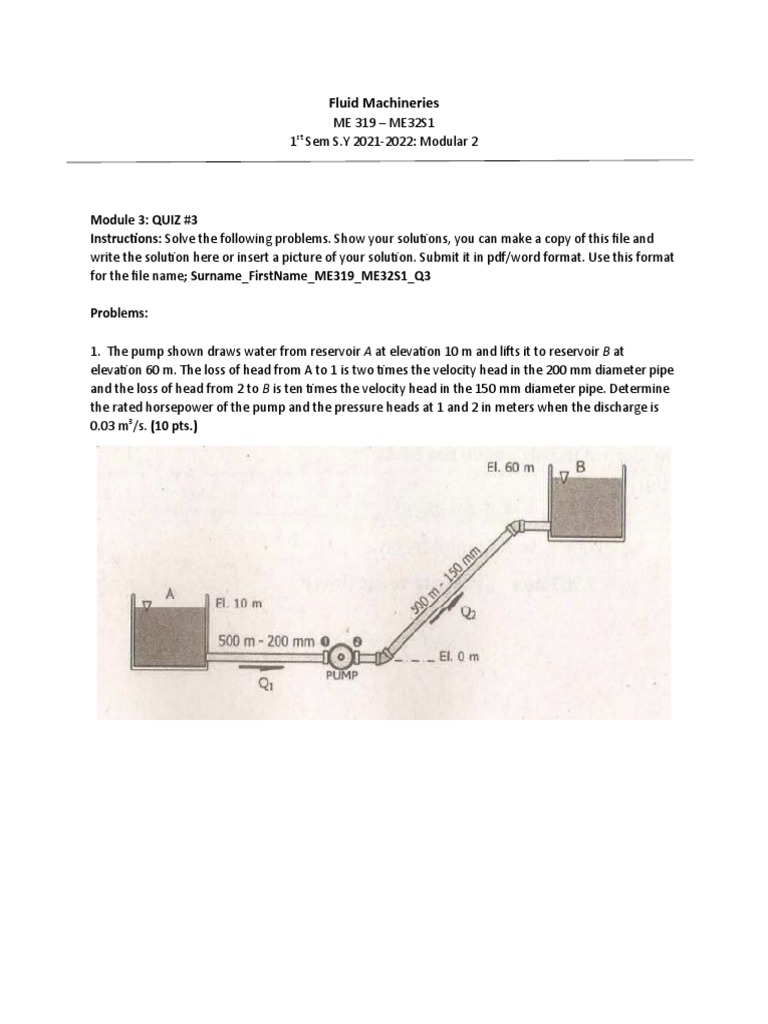 Fluid Machinery Quiz: Pump Calculations | PDF | Technology & Engineering
