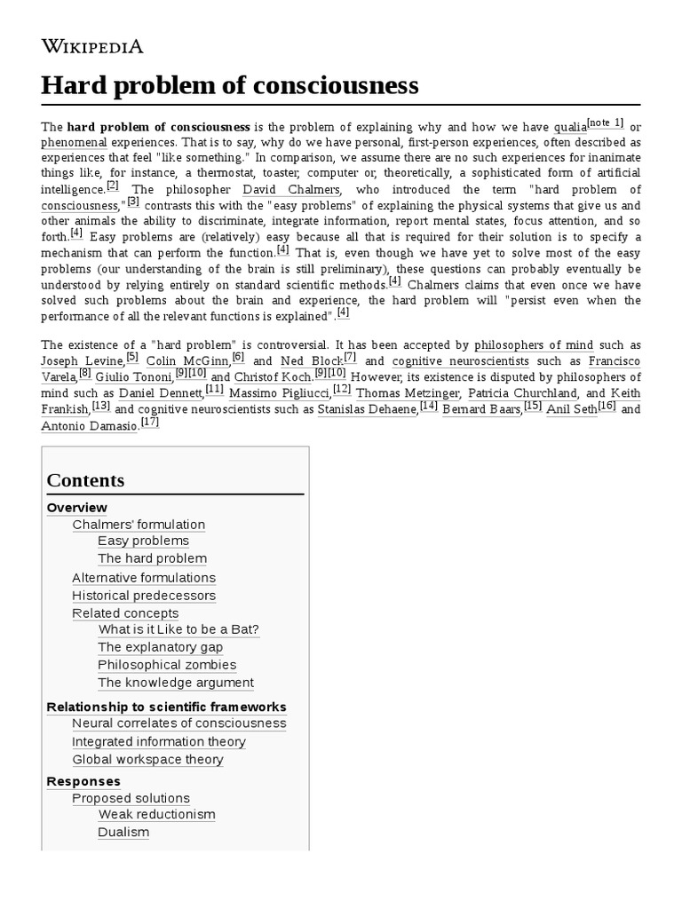 Hard Problem of Consciousness: (Note 1) | PDF | Consciousness | Cognition
