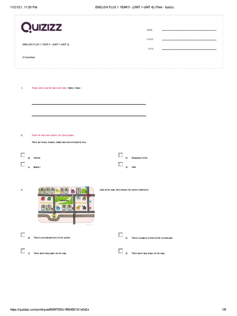 English Plus 1 Year 5 Quiz Units 1-4 | PDF | English Language