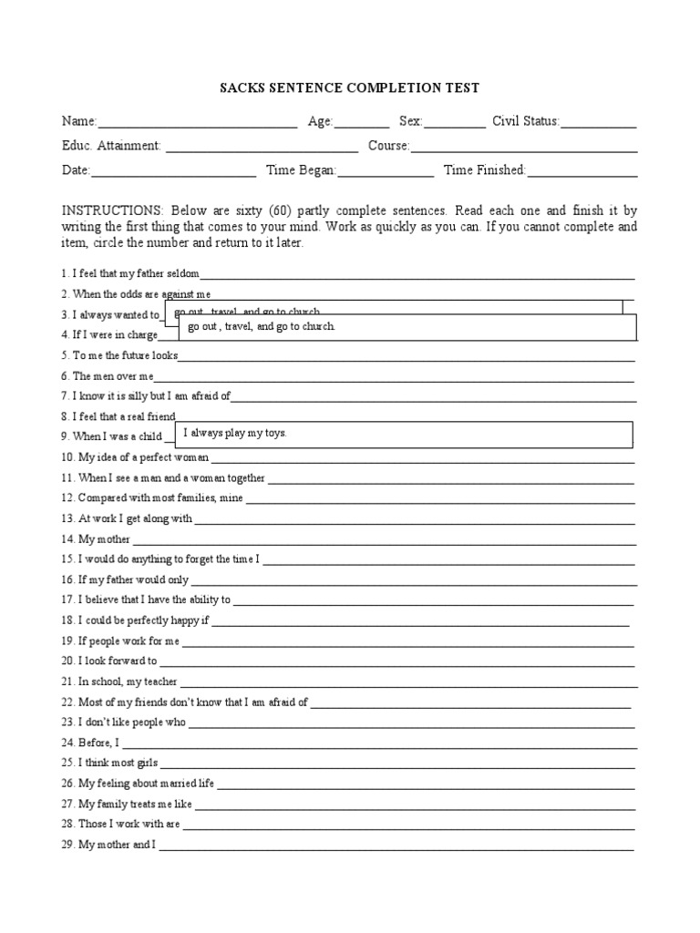 Sacks Sentence Completion Test | PDF