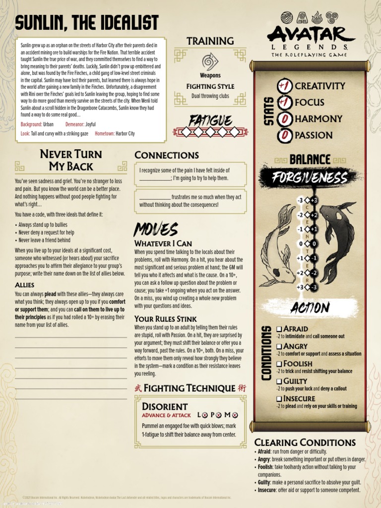 Sunlin - Avatar RPG Character Sheet | PDF