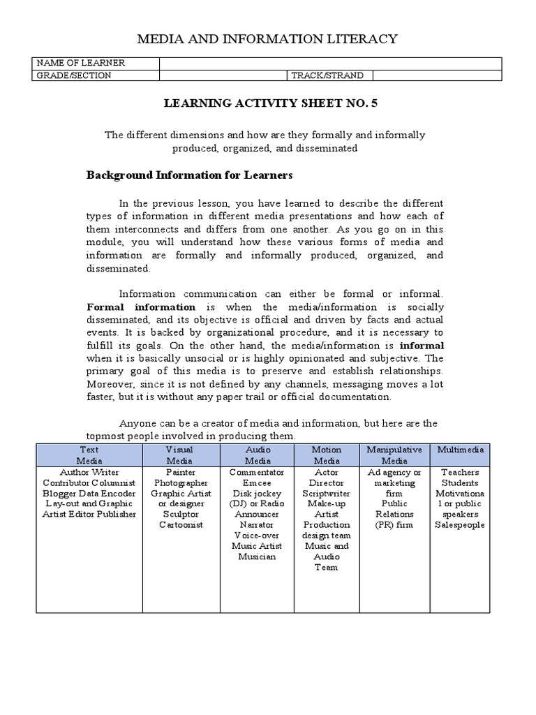 Media and Information Literacy: Learning Activity Sheet No. 5 | PDF ...