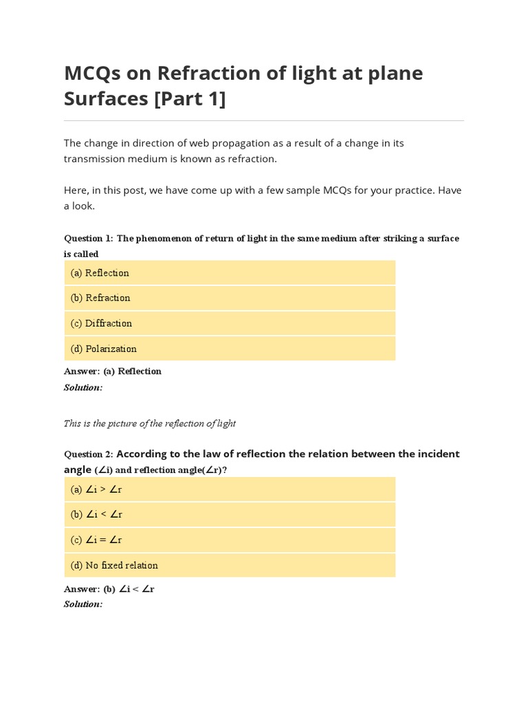 MCQs On Refraction of Light at Plane Surfaces | PDF | Refraction ...