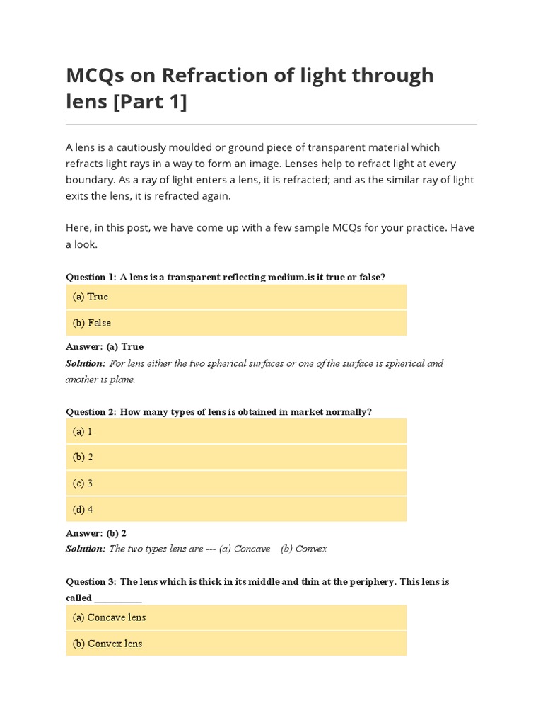 MCQs on Light Refraction and Lenses | PDF | Optics | Electromagnetic ...