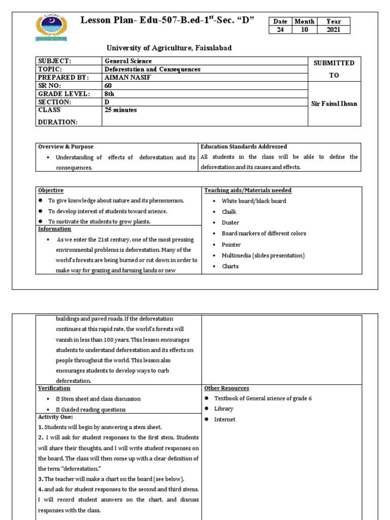Lesson Plan-Edu-507-B.ed-1 - Sec. "D": University of Agriculture ...
