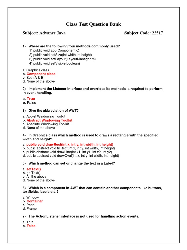 Class Test Question Bank: Subject: Advance Java Subject Code: 22517 ...