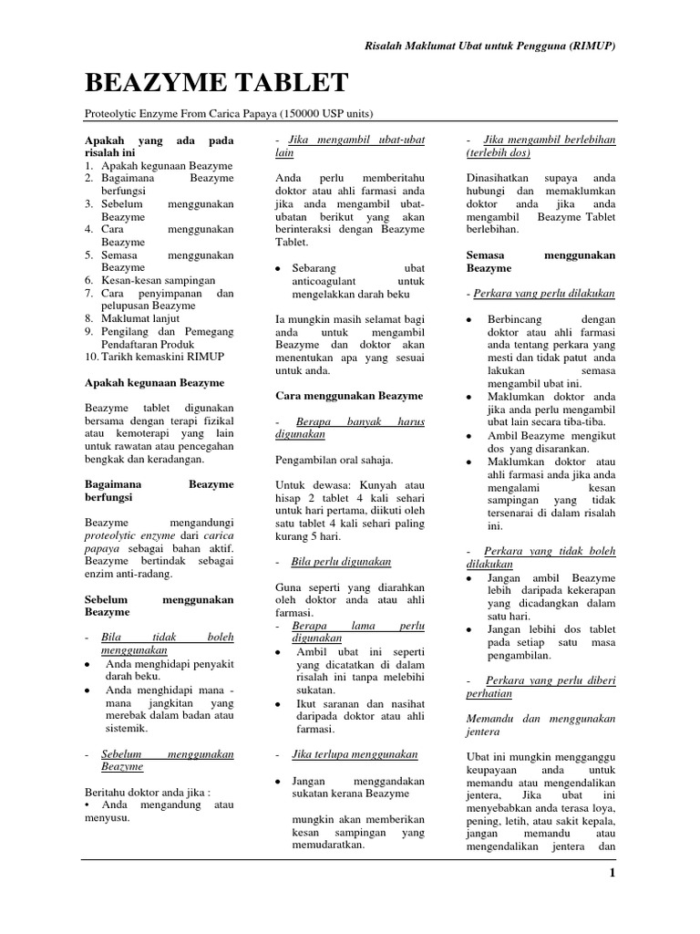 Beazyme Tablet Proteolytic Enzymel UPHA PHARMACEUTICAL MFG M SDN BHD 13jun2018 BM | PDF