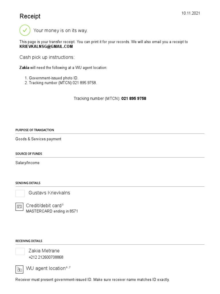 Western Union Receipt Sample