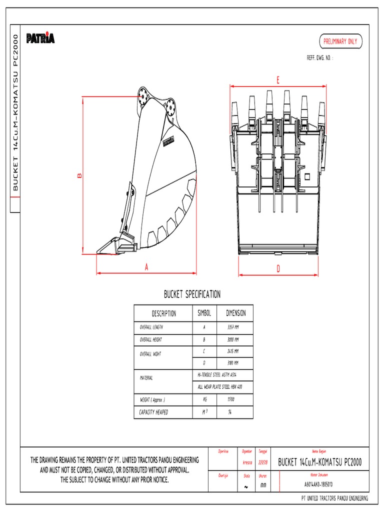 BUCKET 14CuM-KOMATSU PC2000 (HENSLEY-6 TOOTH) (A6014AK0-1805010) Spade ...