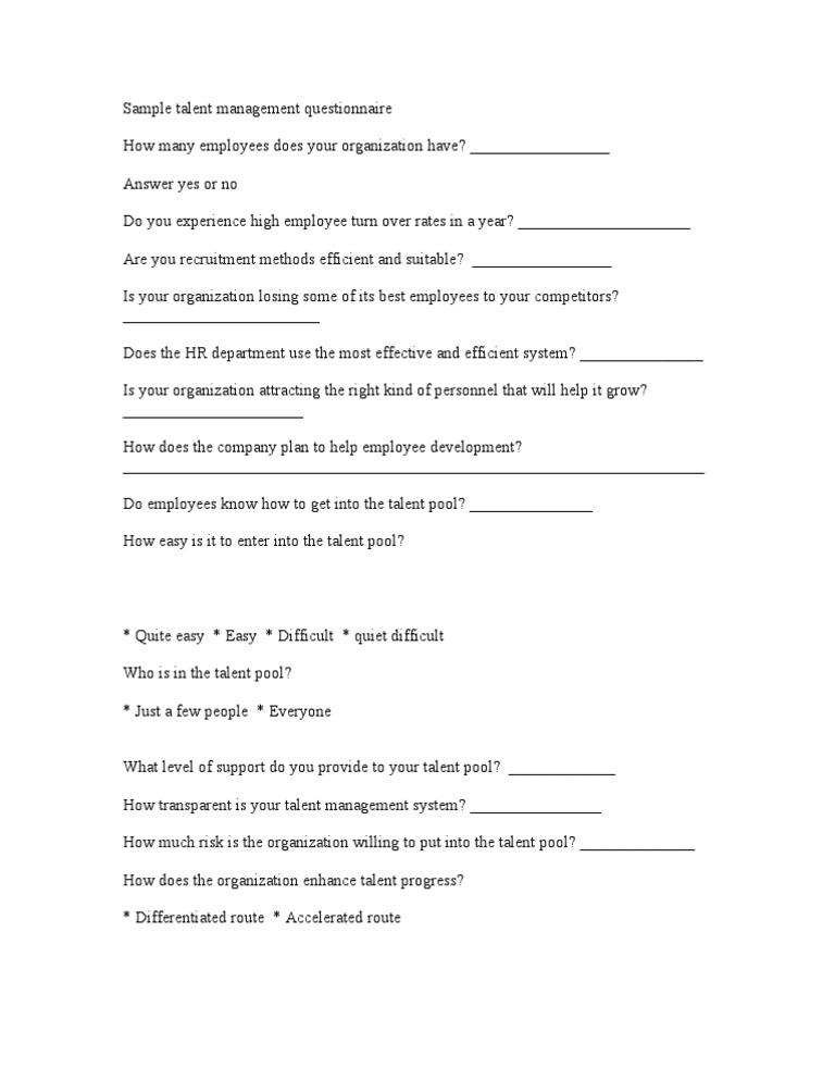 Sample Talent Management Questionnaire | Talent Management | Business