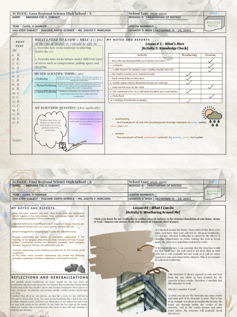 A4 Q2 ES Week 1 MDL-ODL Notes | PDF | Weathering | Erosion