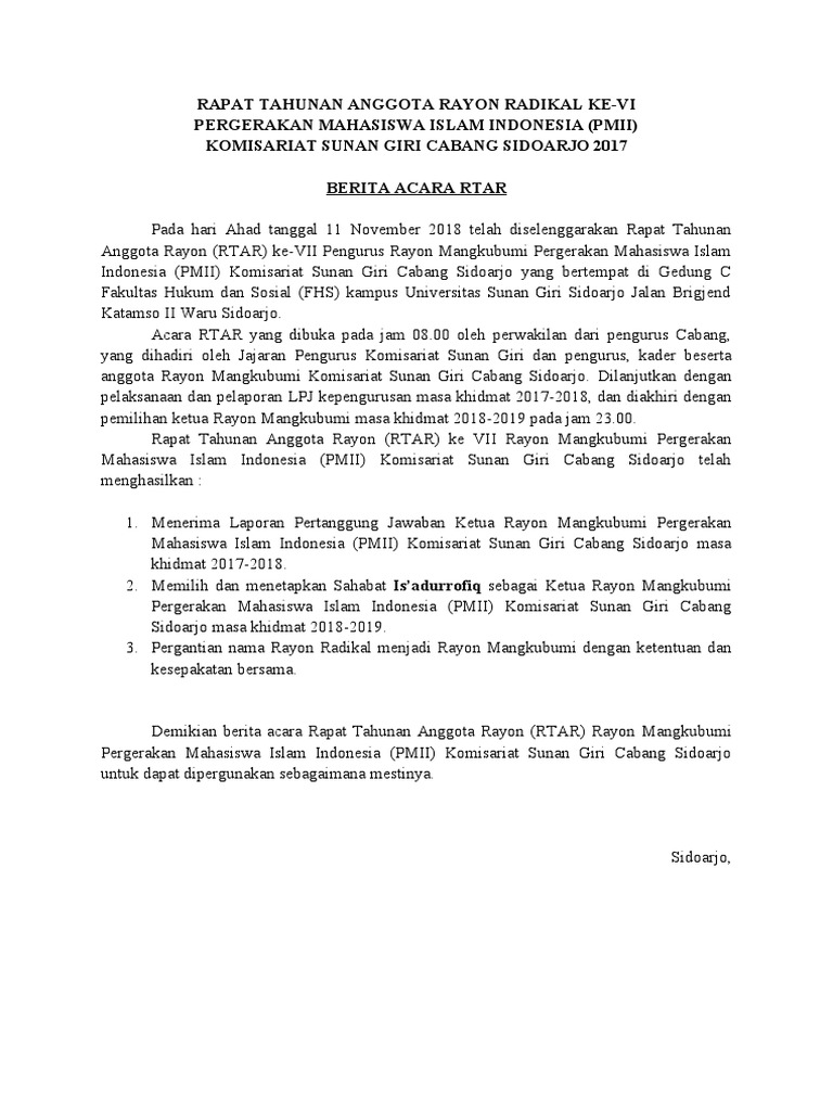 Berita Acara RTAR PMII Rayon Mangkubumi | PDF