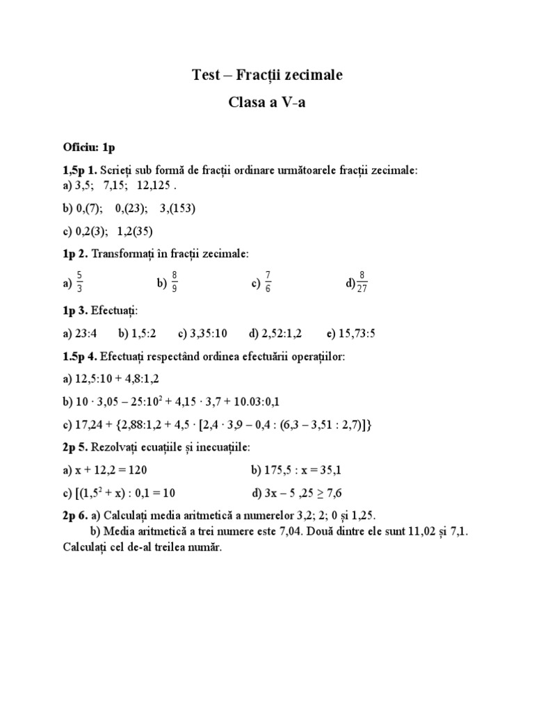 1 Test Fractii Zecimale | PDF