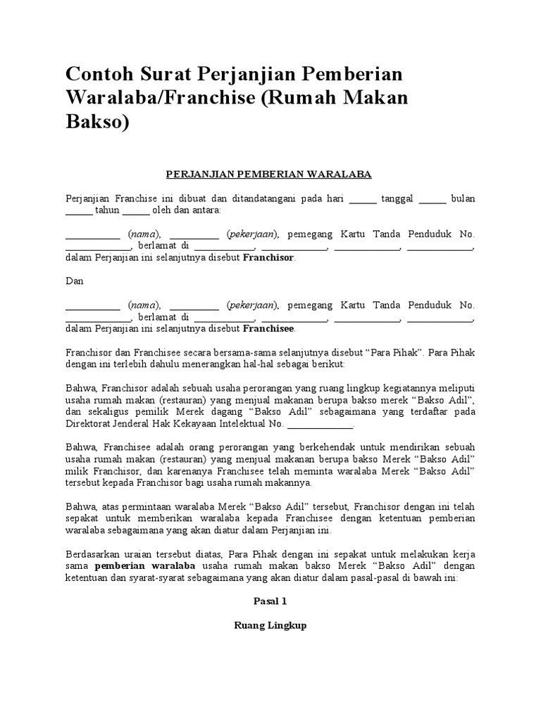 Contoh Surat Perjanjian Pemberian Waralaba - Franchise (Rumah Makan ...