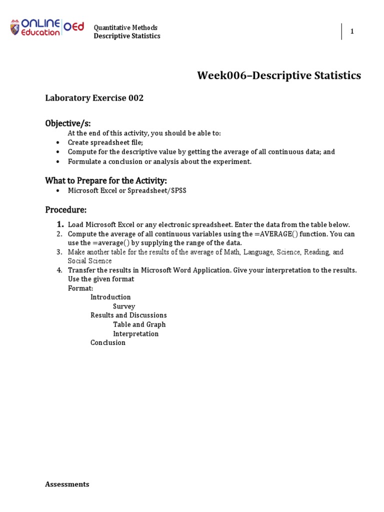 Week006-Descriptive Statistics: Laboratory Exercise 002 | PDF ...